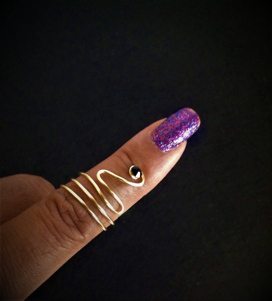 Black Stone Fingertip Ring, Above Knuckles Ring, Gold Spiral Ring ...
