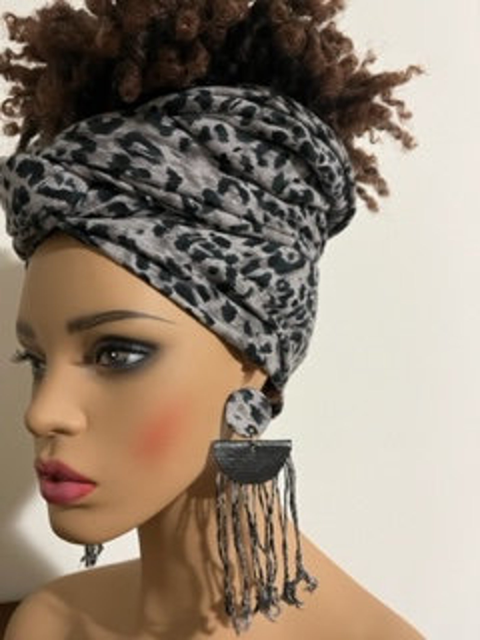 Gray Cheetah Print Scarf With Matching Earrings - Cheetah Hair Wrap ...