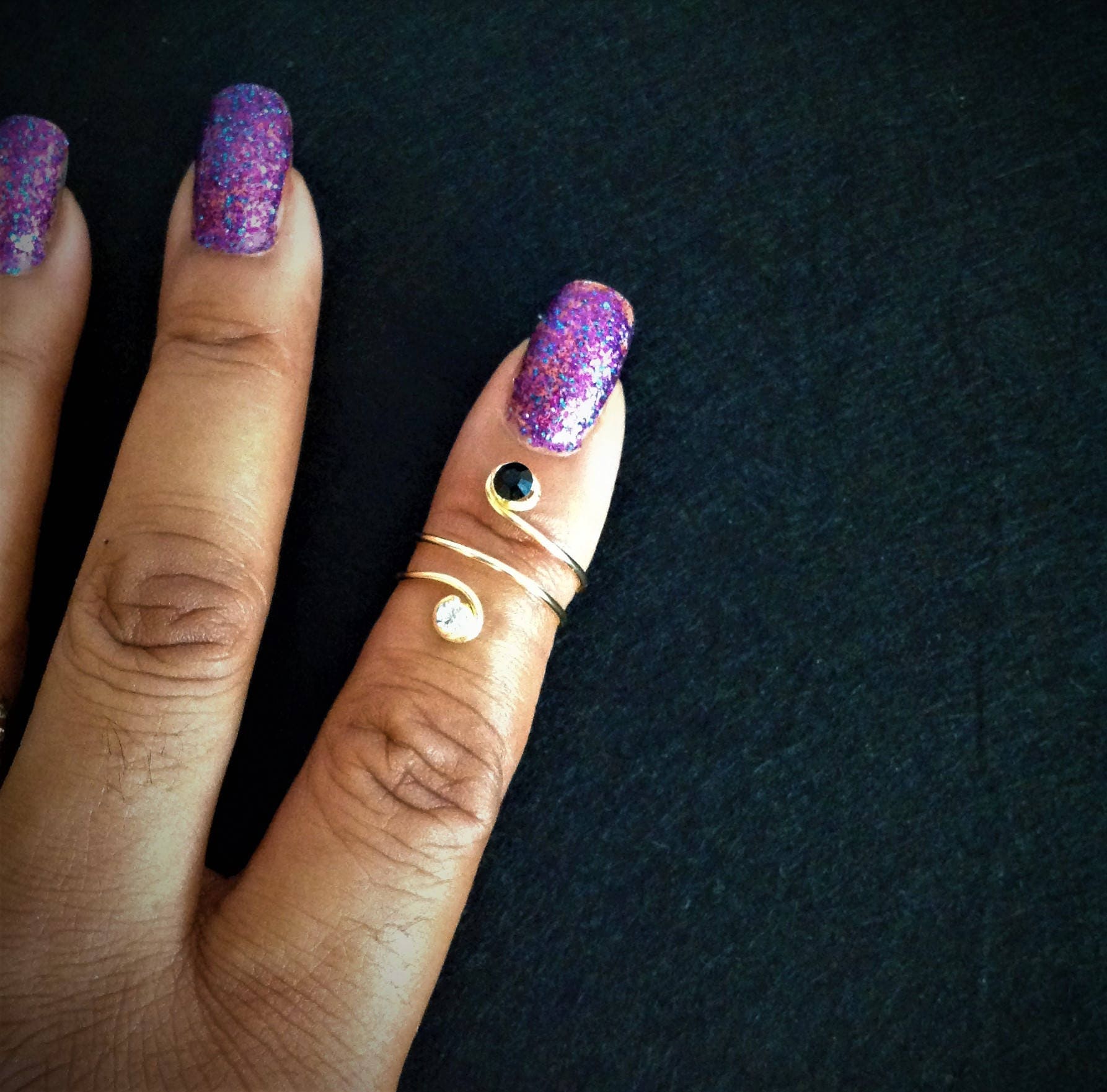 Black Diamond Fingertip Ring, Above Knuckles, Gold Spiral Ring, Black ...