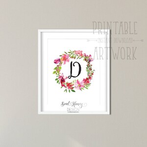Downloadable Prints Floral Wreath With Letter D Nursery Art Printable ...