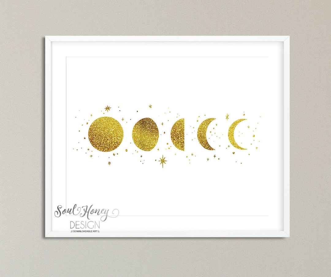 Moon Phases in Gold Glitter Printable Moon and Stars Theme Nursery Wall ...