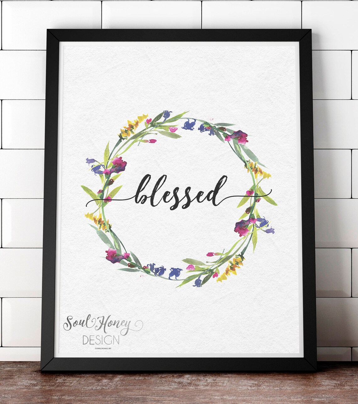 Blessed Art Print Watercolor Spring Floral Wreath | Etsy
