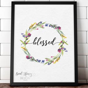 Blessed Art Print Watercolor Spring Floral Wreath Christian Wall Art ...