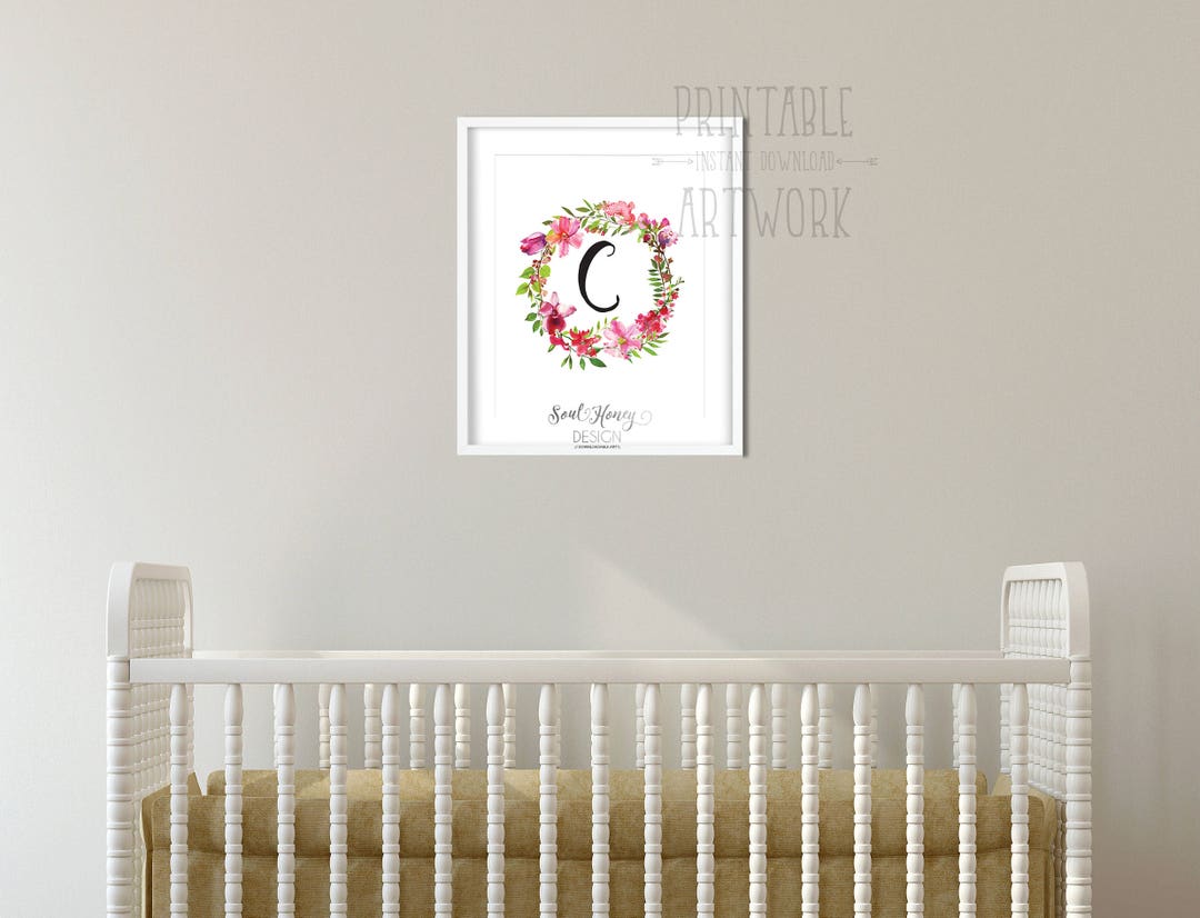 Floral Wreath With Letter C Nursery Art Printable Floral Monogram ...