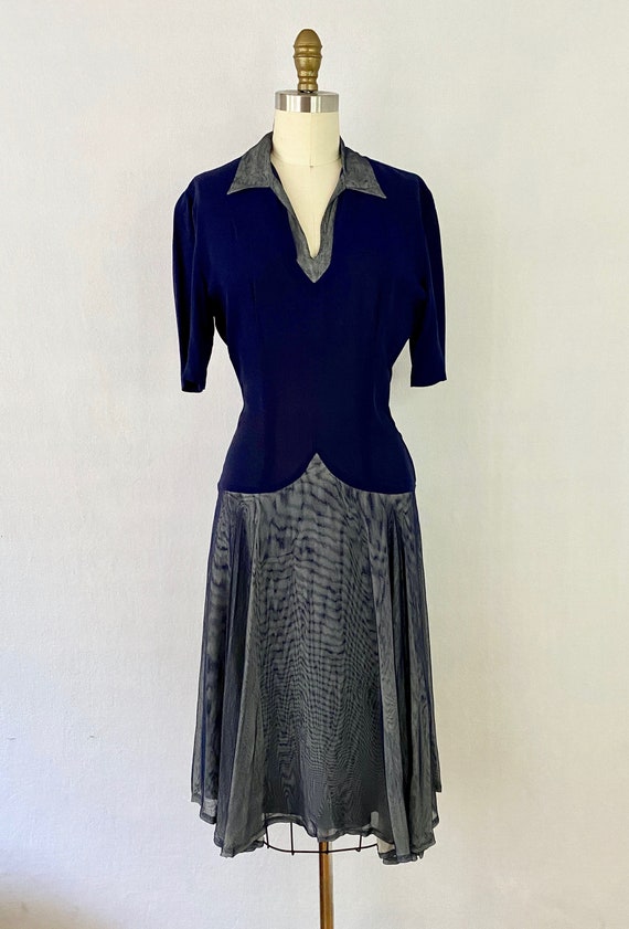 1940s Navy Blue Vintage Flared Midi-Dress - Gem