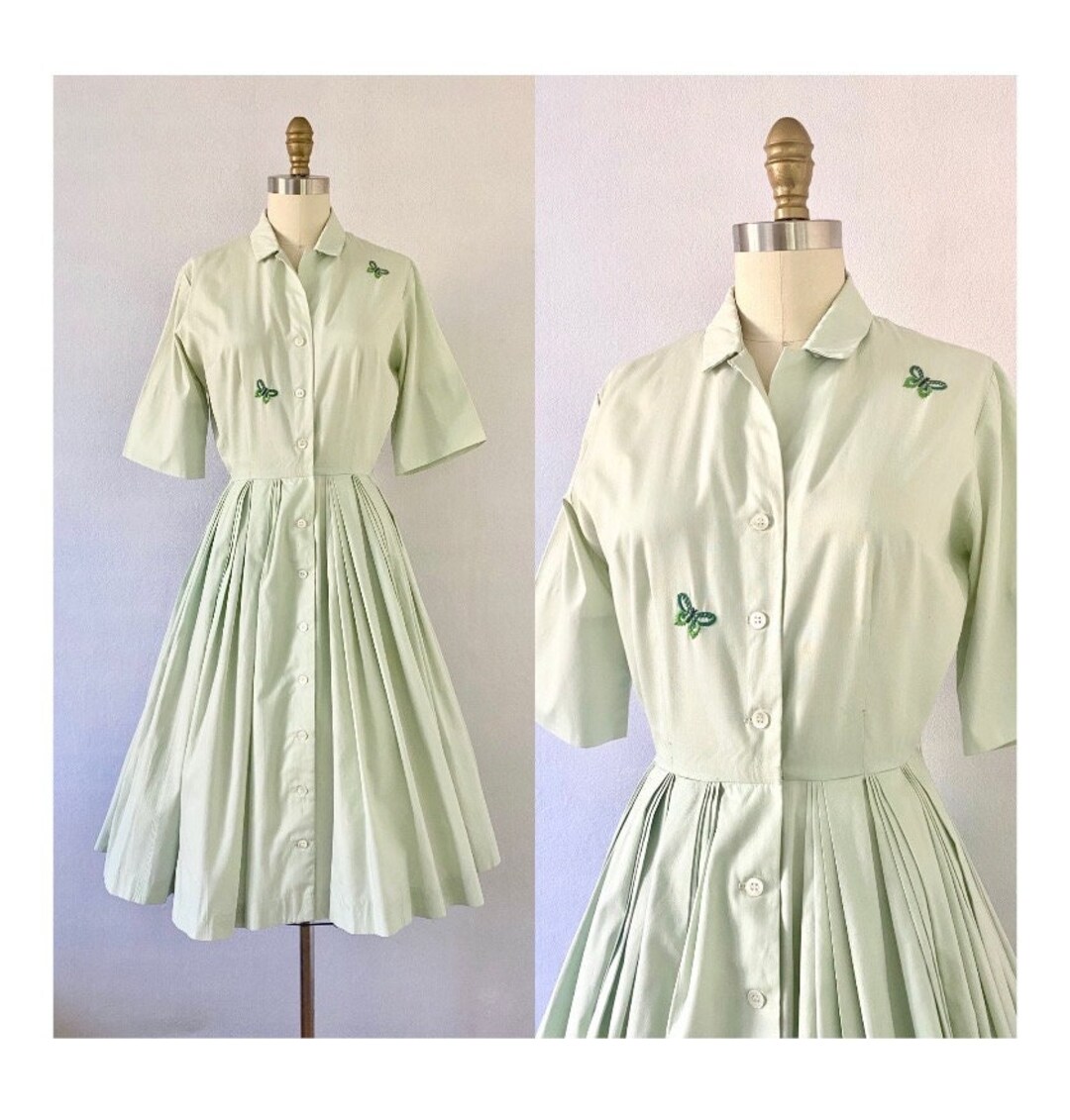1950s Vintage Fit-and-flare Shirt-dress With Butterfly Embroider - Etsy