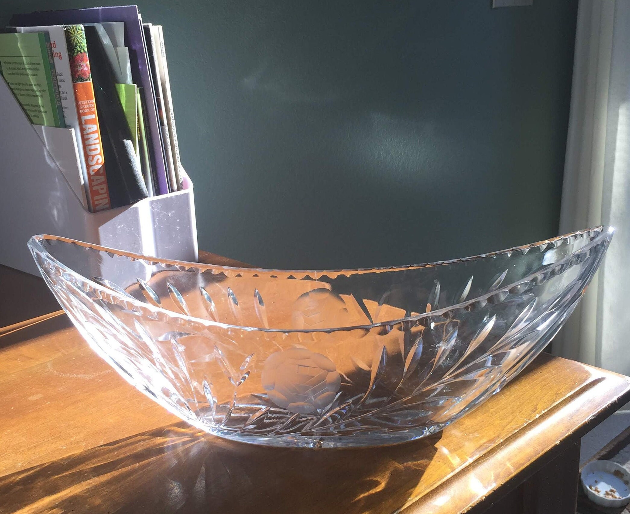 Vintage Etched and Cut Crystal Boat Shaped Vase Circa - Etsy