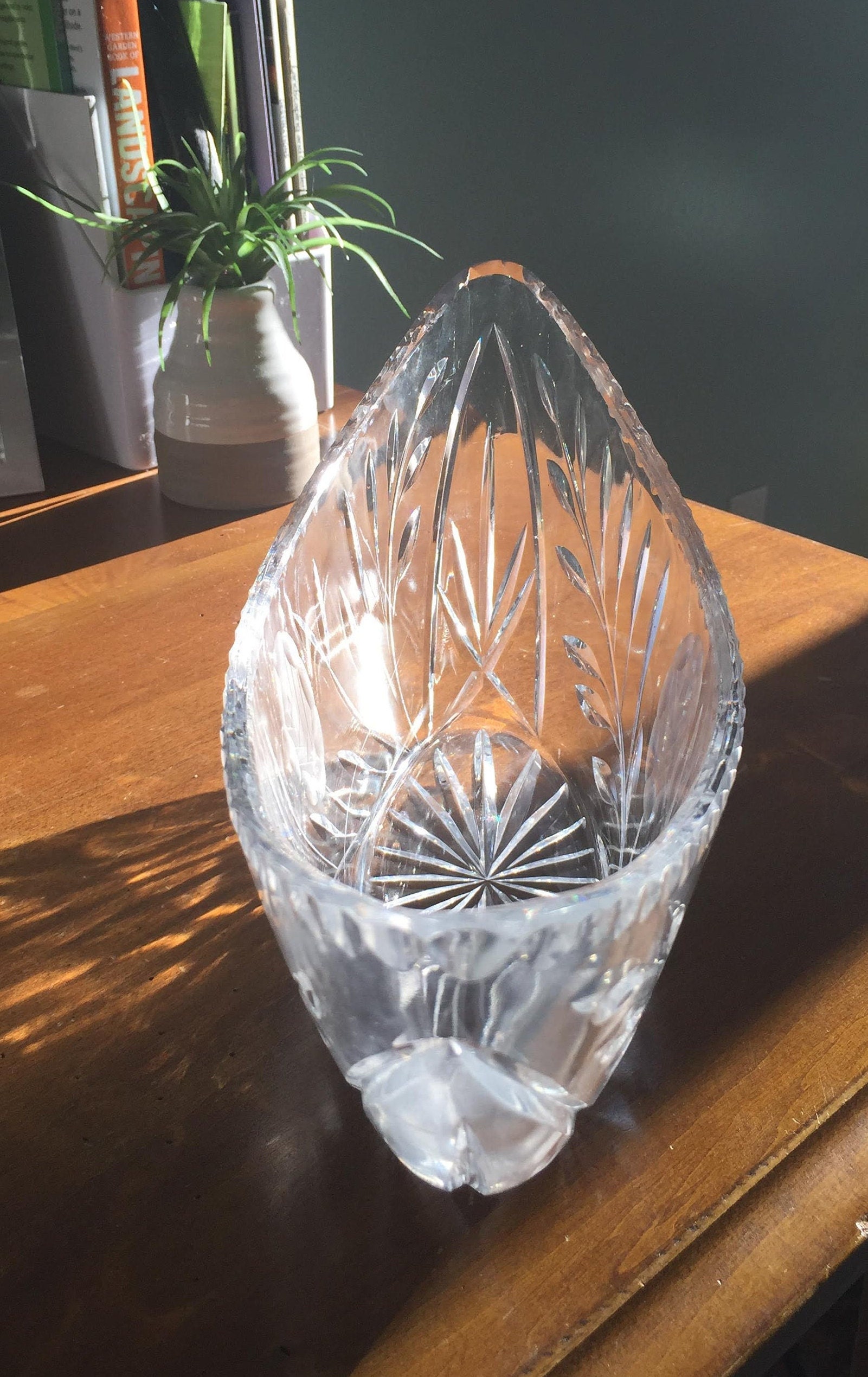 Vintage Etched and Cut Crystal Boat Shaped Vase Circa - Etsy