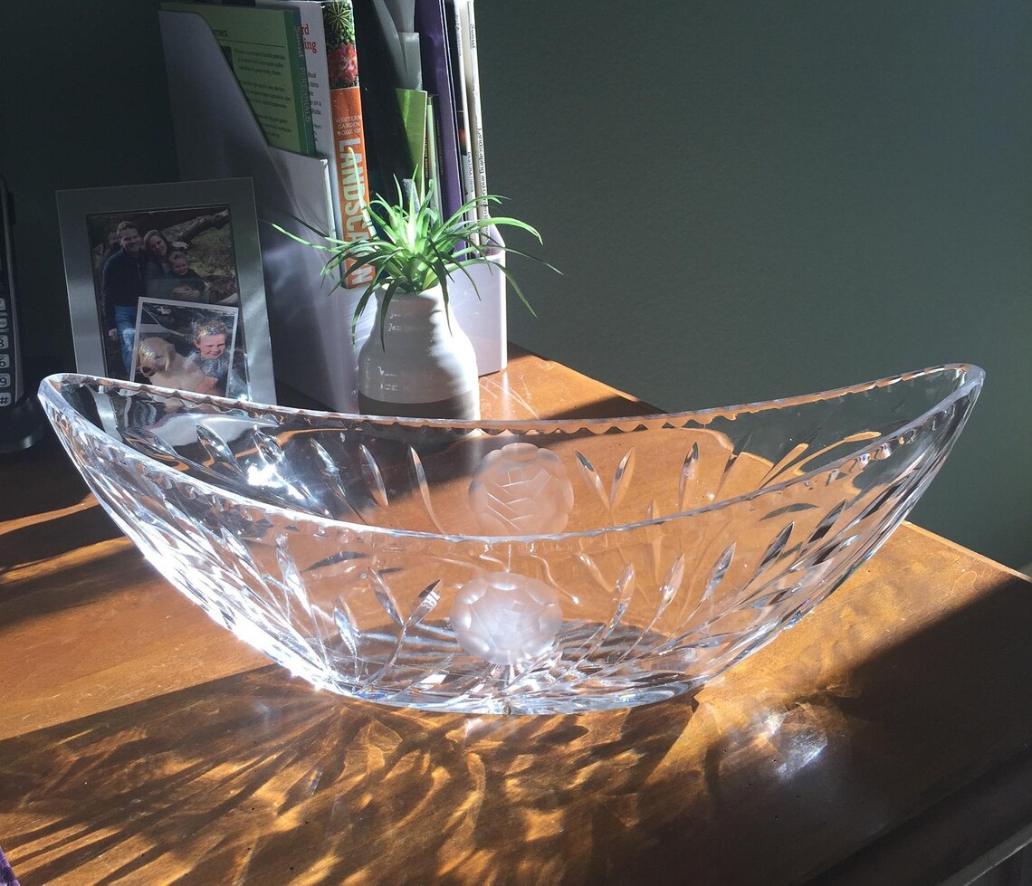 Vintage Etched and Cut Crystal Boat Shaped Vase Circa - Etsy