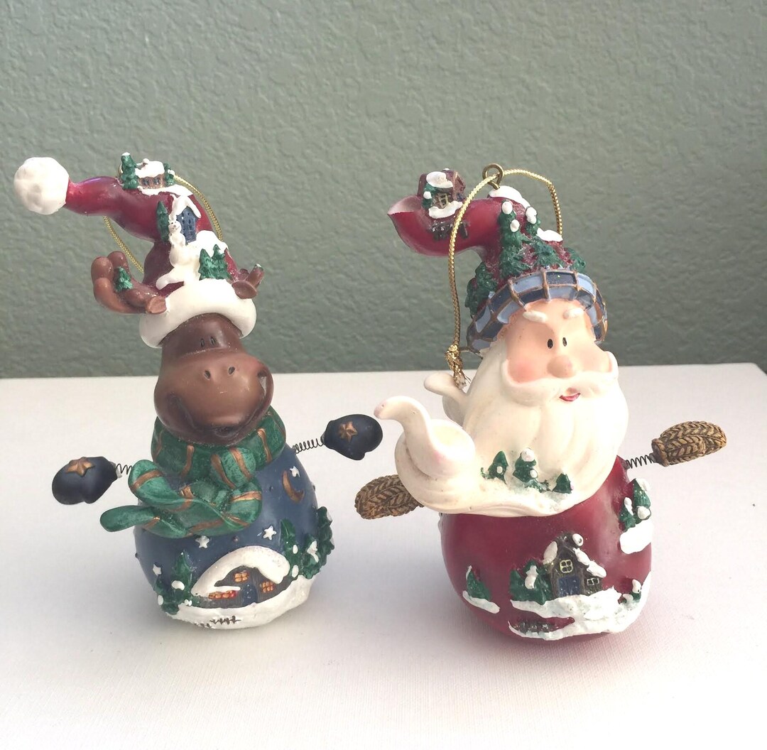 Vintage Roly Poly Whimsical Christmas Ornaments, Santa and His Reindeer ...