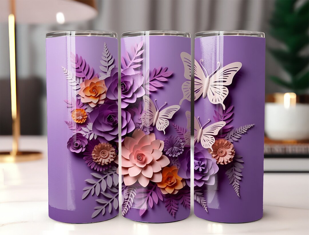 3D Butterflies and Purple Flowers Tumbler Wrap, 20 Oz Skinny Tumbler ...