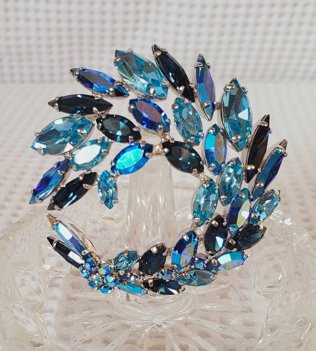 Vintage SIGNED SHERMAN Light and Dark Blue Crystals Open Wreath ...