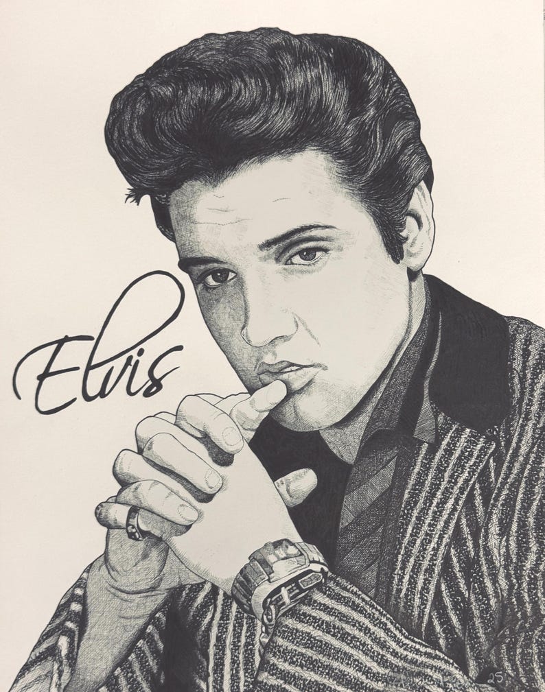 Original Elvis Presley “THE KING” Fine Art 11x14" Archival Ink Drawing ...