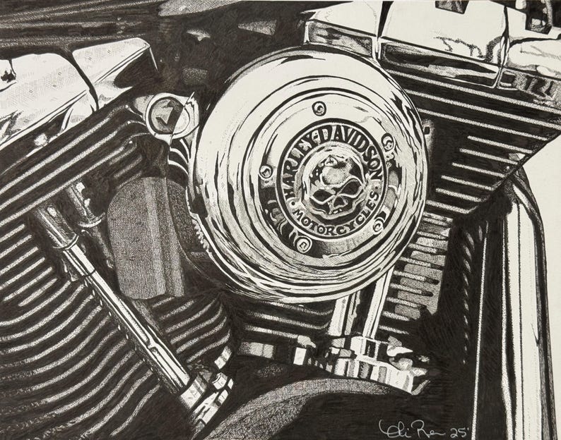 Fine Art Harley Davidson Motorcycle Painting Original Pen Ink Drawing ...