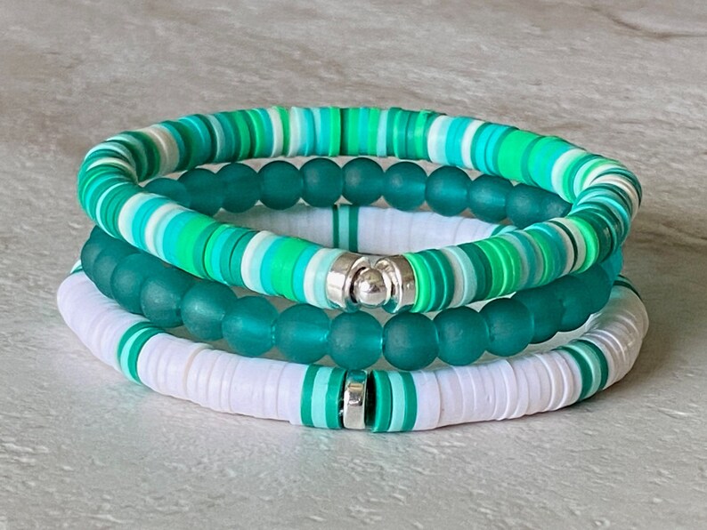 Mixed Greens / White Heishi Bracelet Stack, Green Mix Clay Bead Bracelets, 3 Bracelets, Preppy ...