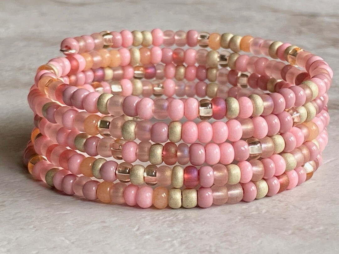 Pink Bracelet, Pink Memory Wire Bracelet, Coil Bracelet, Czech Glass Seed Beads, Handmade ...