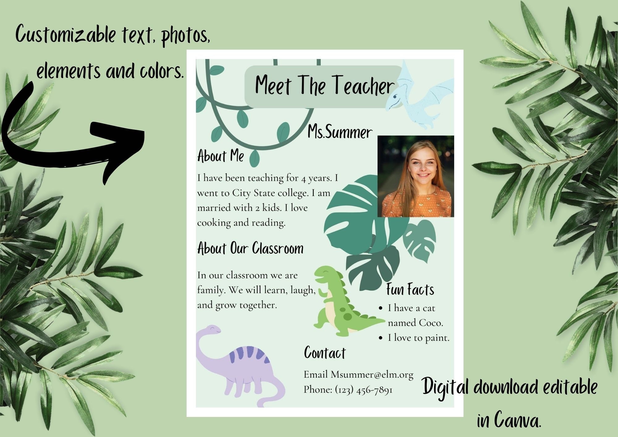 Dino Meet the Teacher Editable Canva Template Colorful - Etsy