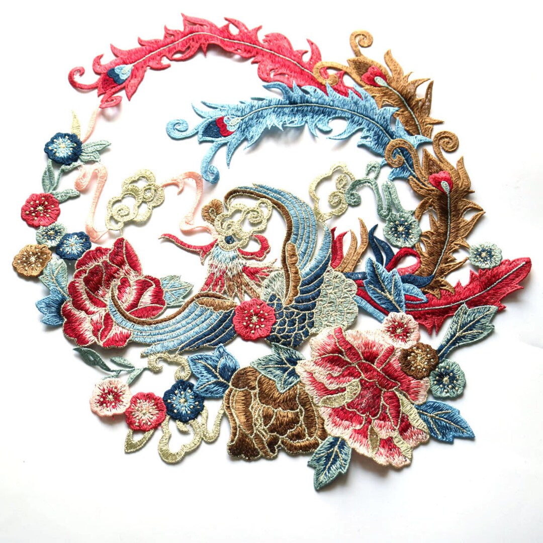 Fashion Embroidery Phoenix Patches for Clothing Blue Yellow Pink Floral ...