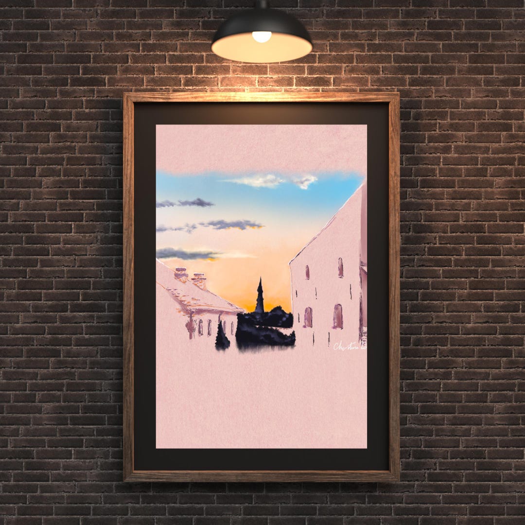 Sunset Rooftop View With Church Spire Serene Cityscape Art Print for ...