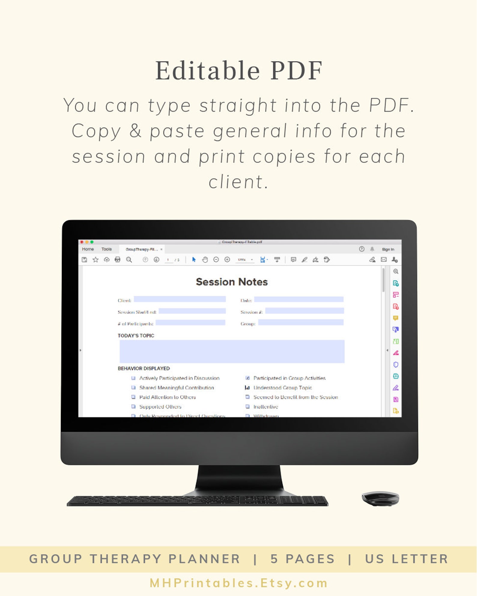 Group Therapy Planner, Session Notes Template (fillable PDF & Google ...
