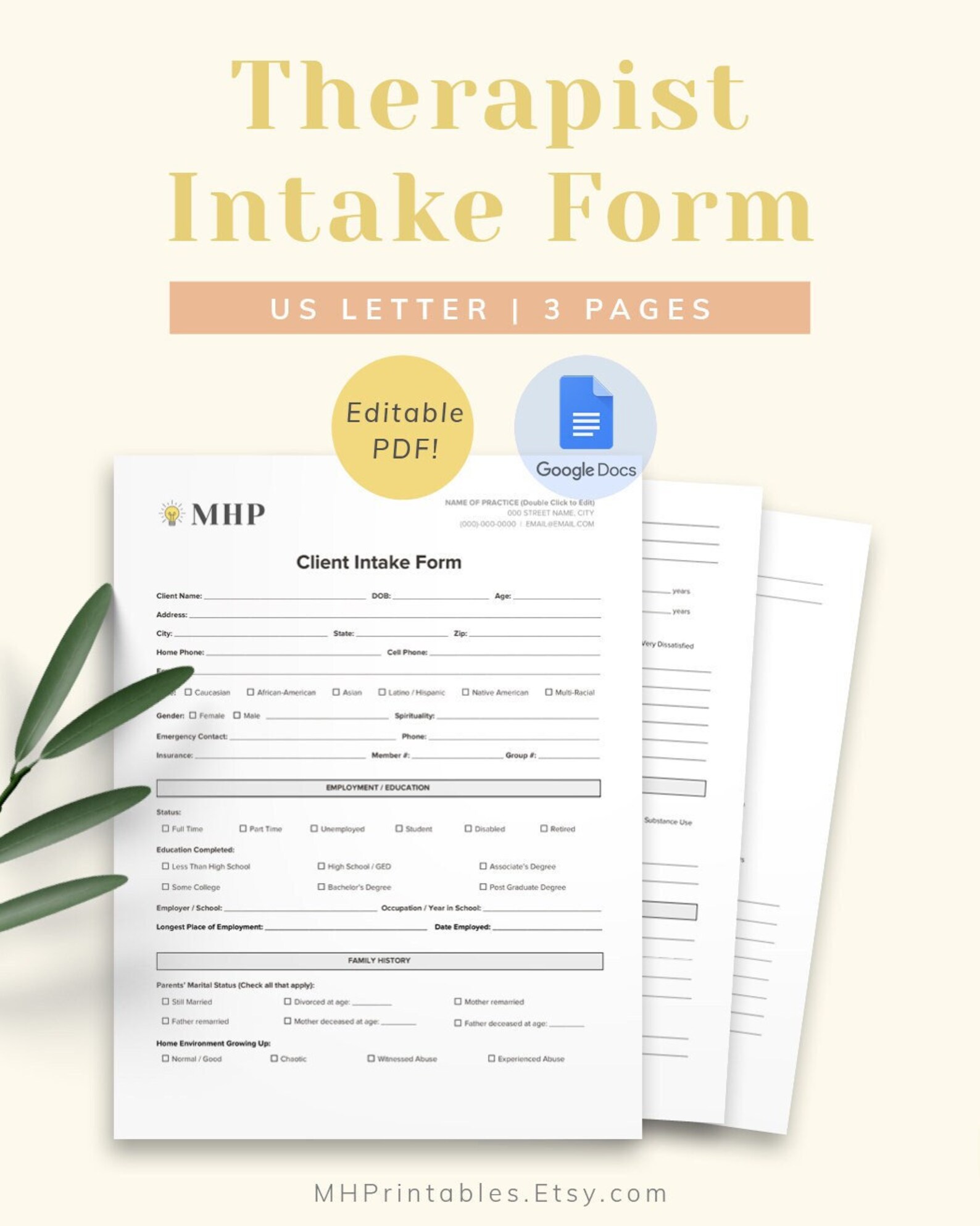 Client Intake Form for Therapist, Psychotherapist, Psychologist, New ...