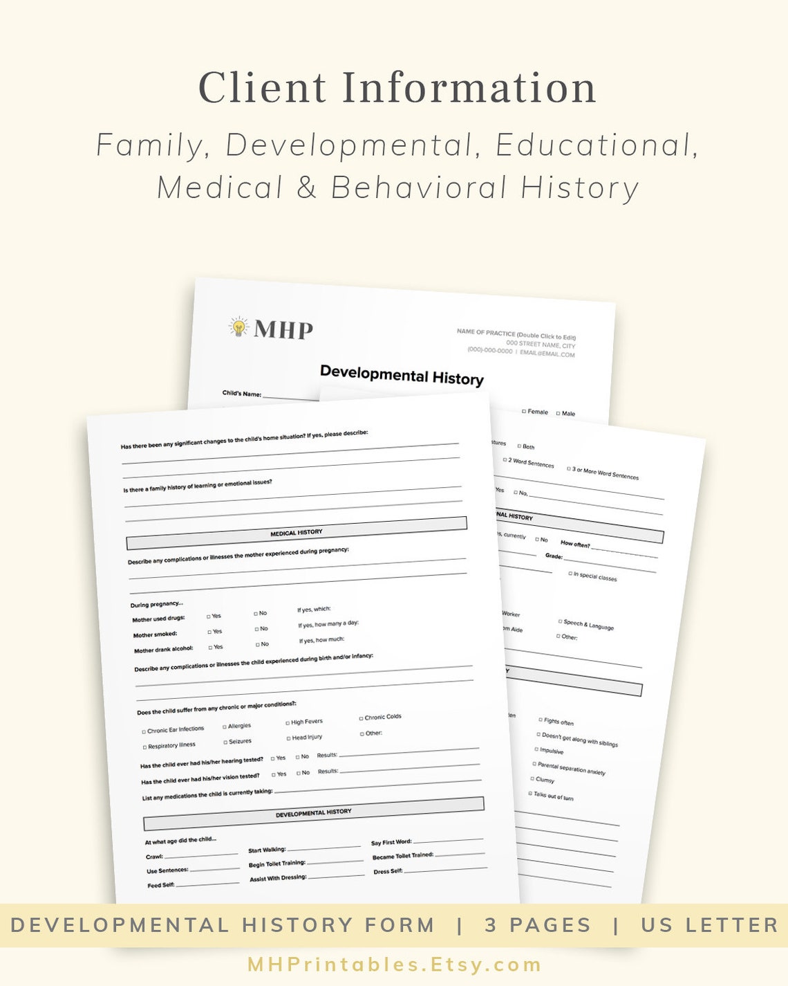Developmental History Intake Form for Children Clients | Therapist ...