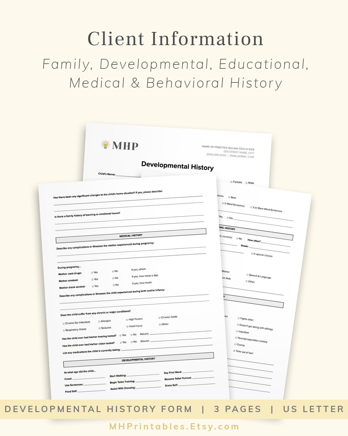 Developmental History Intake Form for Children Clients | Therapist ...