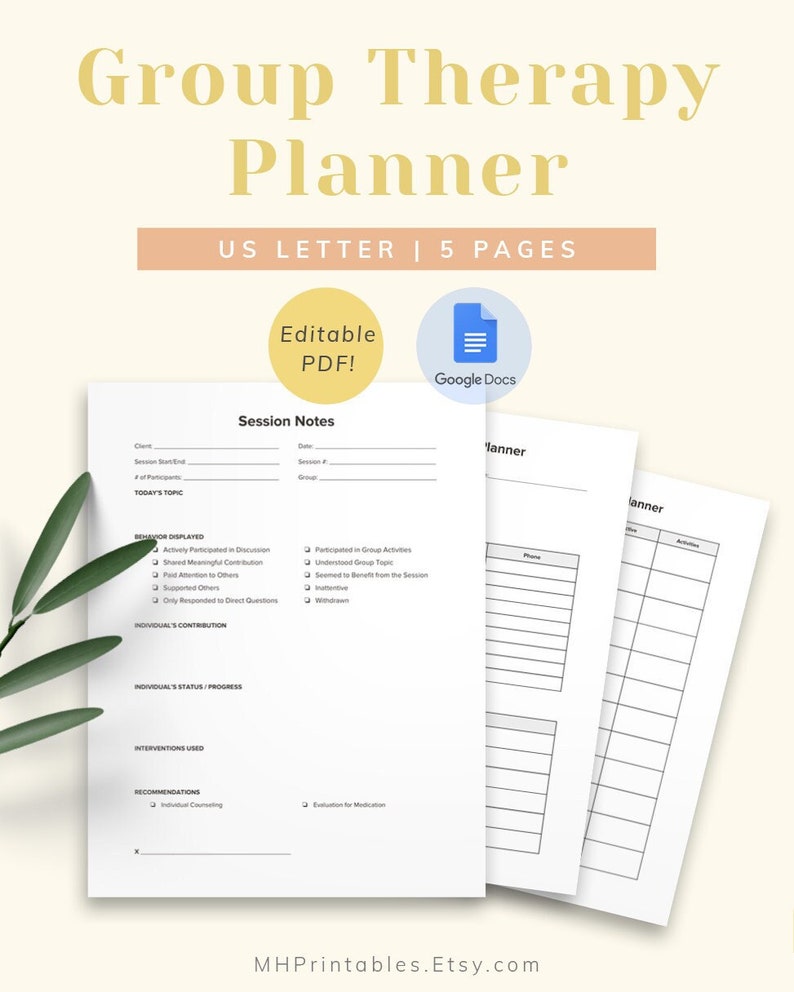 Group Therapy Planner, Session Notes Template (fillable PDF & Google ...