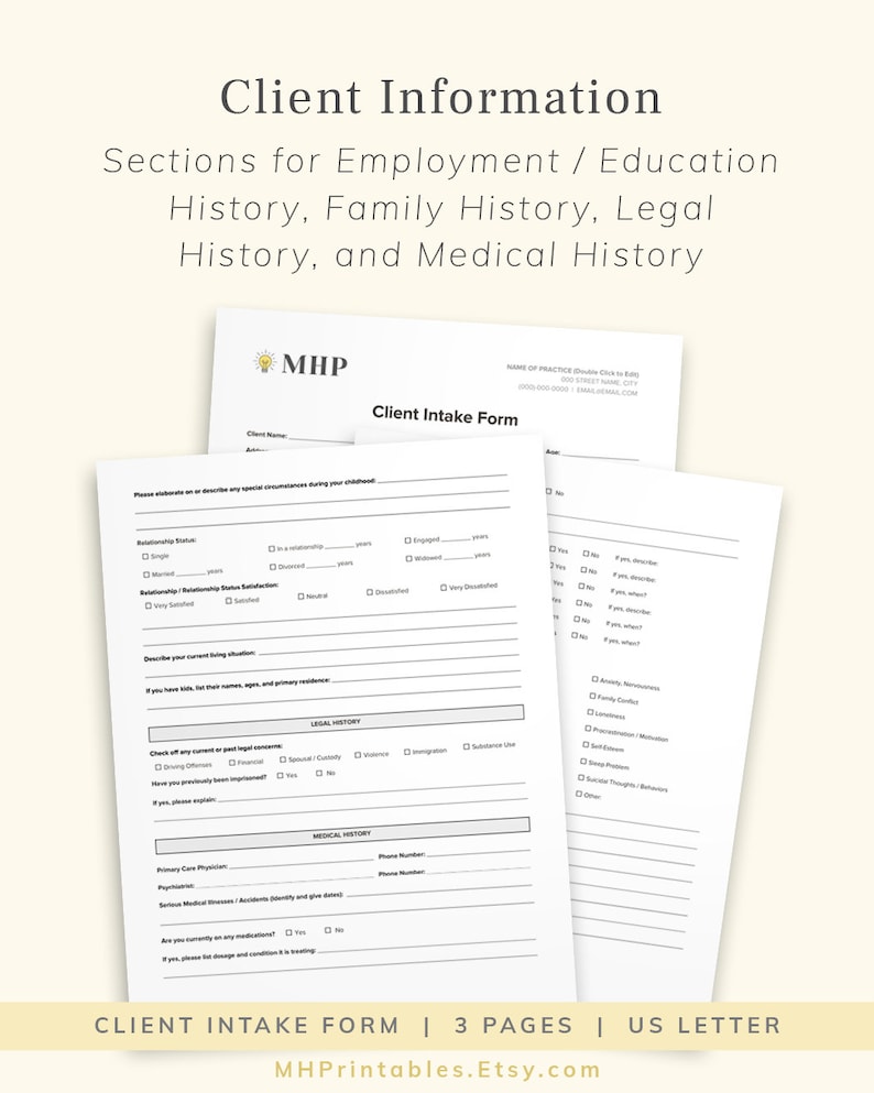 Client Intake Form for Therapist, Psychotherapist, Psychologist, New ...