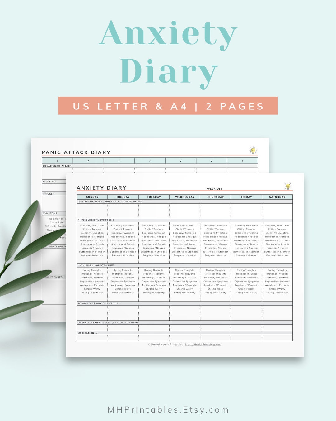 Anxiety Diary Tracker for Symptoms and Anxious Thoughts, Mental Health ...