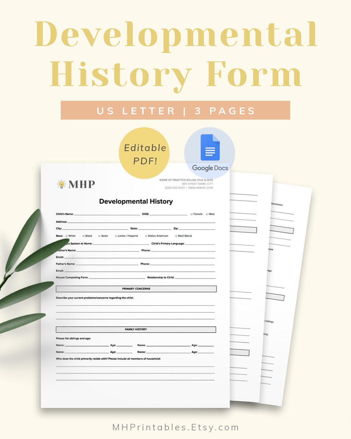 Developmental History Intake Form for Children Clients | Therapist ...