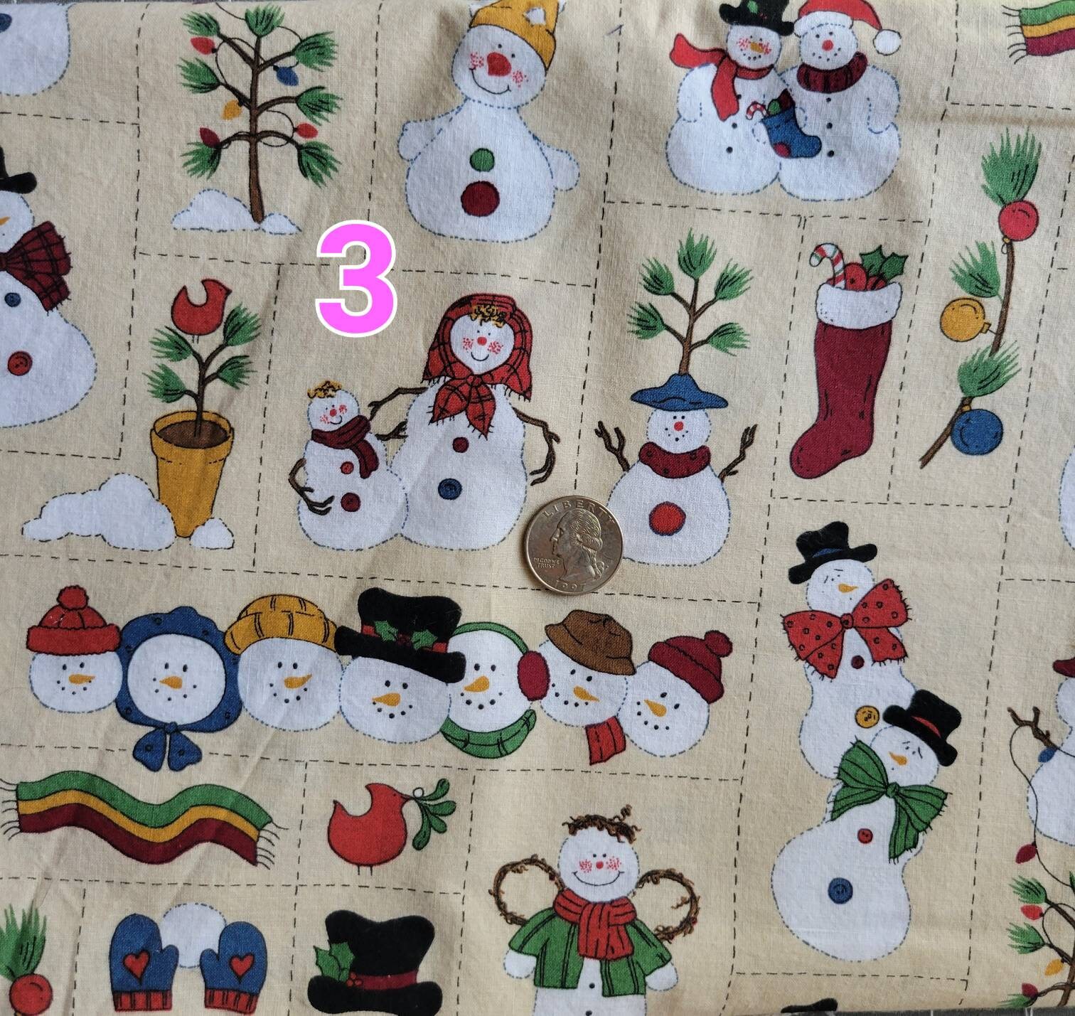 8 Vintage Snowman Fabric Lot Quilting Cotton 90s Winter Holiday ...