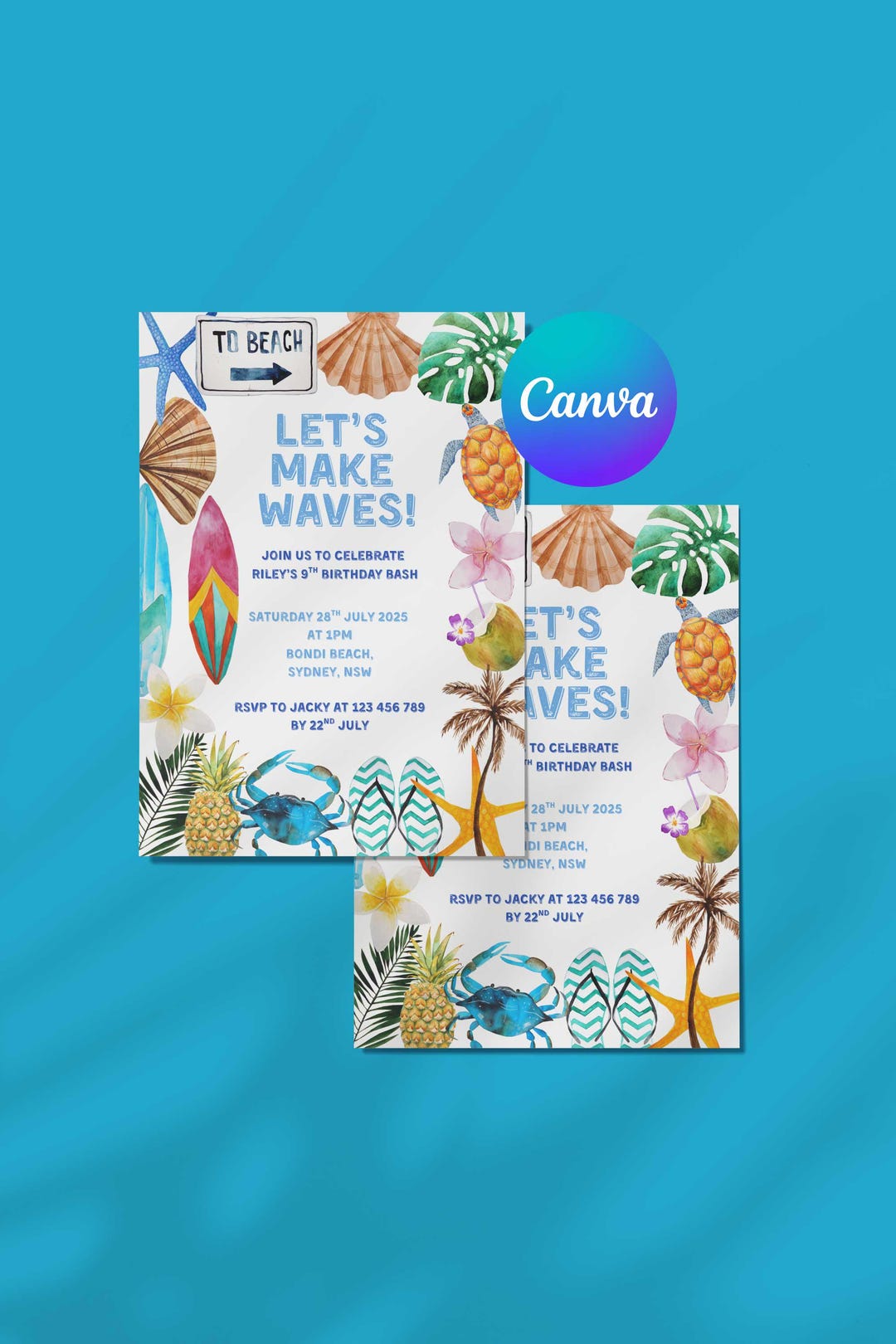 Editable Boys 9th Beach Summer Birthday Initiation Party Canva ...