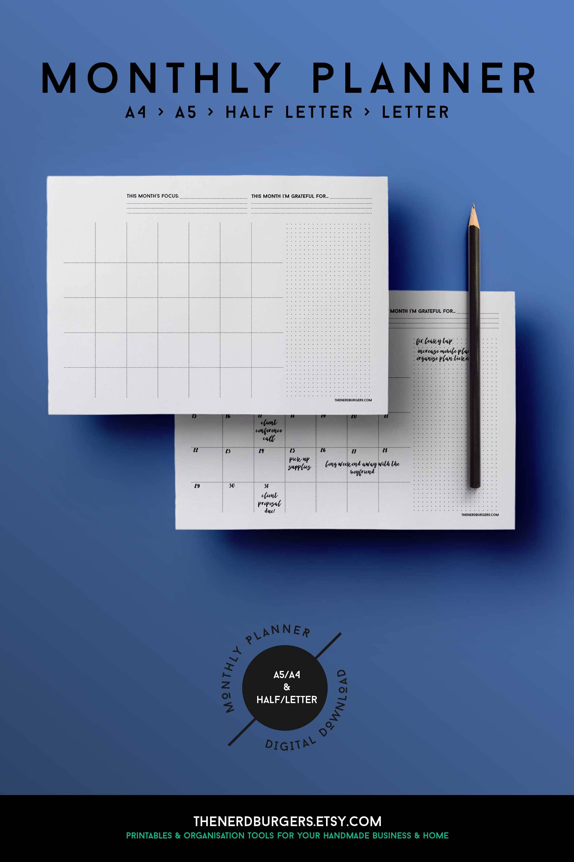 Undated Monthly Planner, Personal Agenda Printable, Wall Calendar, Work ...