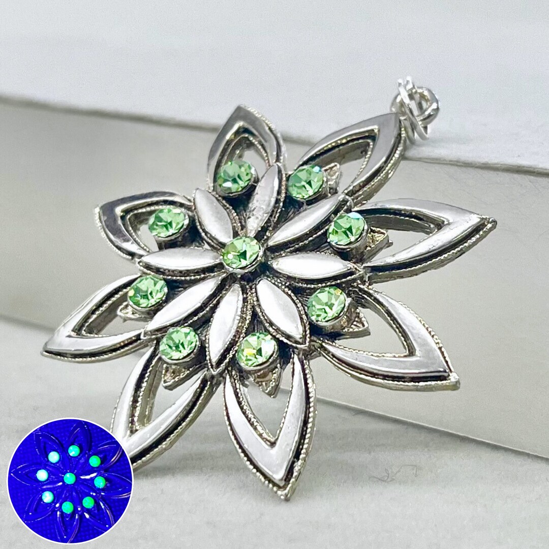 Floral Silver Plate Uranium Glass Crystal Pendant With Green Uranium ...