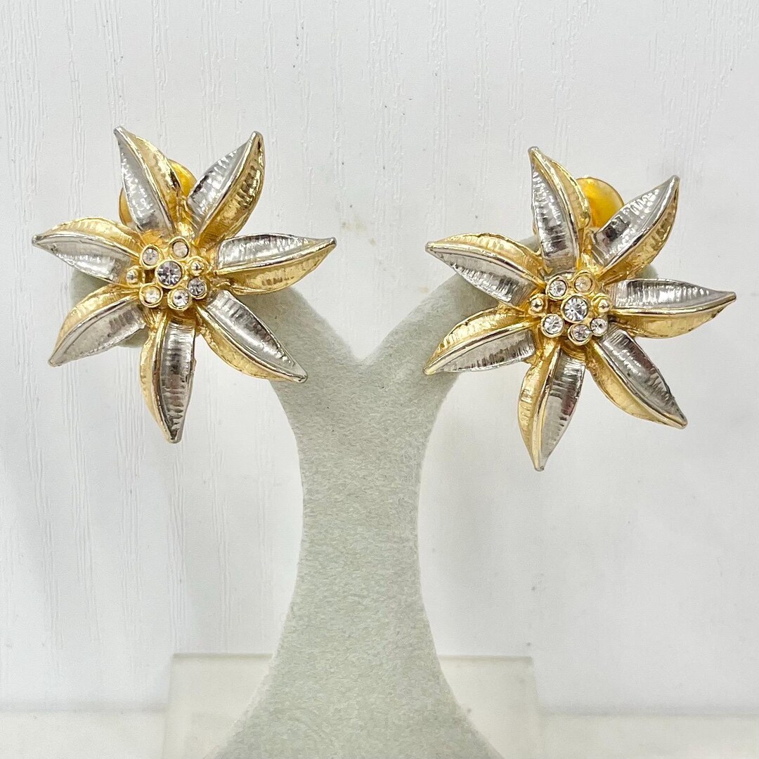 Vintage Two Tone Star Flower Clip on Earrings With Diamante Accents ...