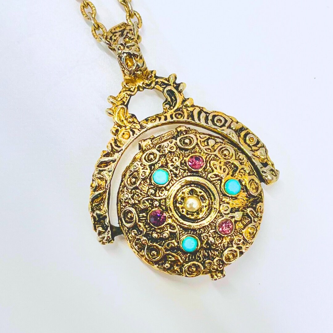 Vintage Victorian Style 1970s Gold Tone Round Spinning Locket Pendant ...