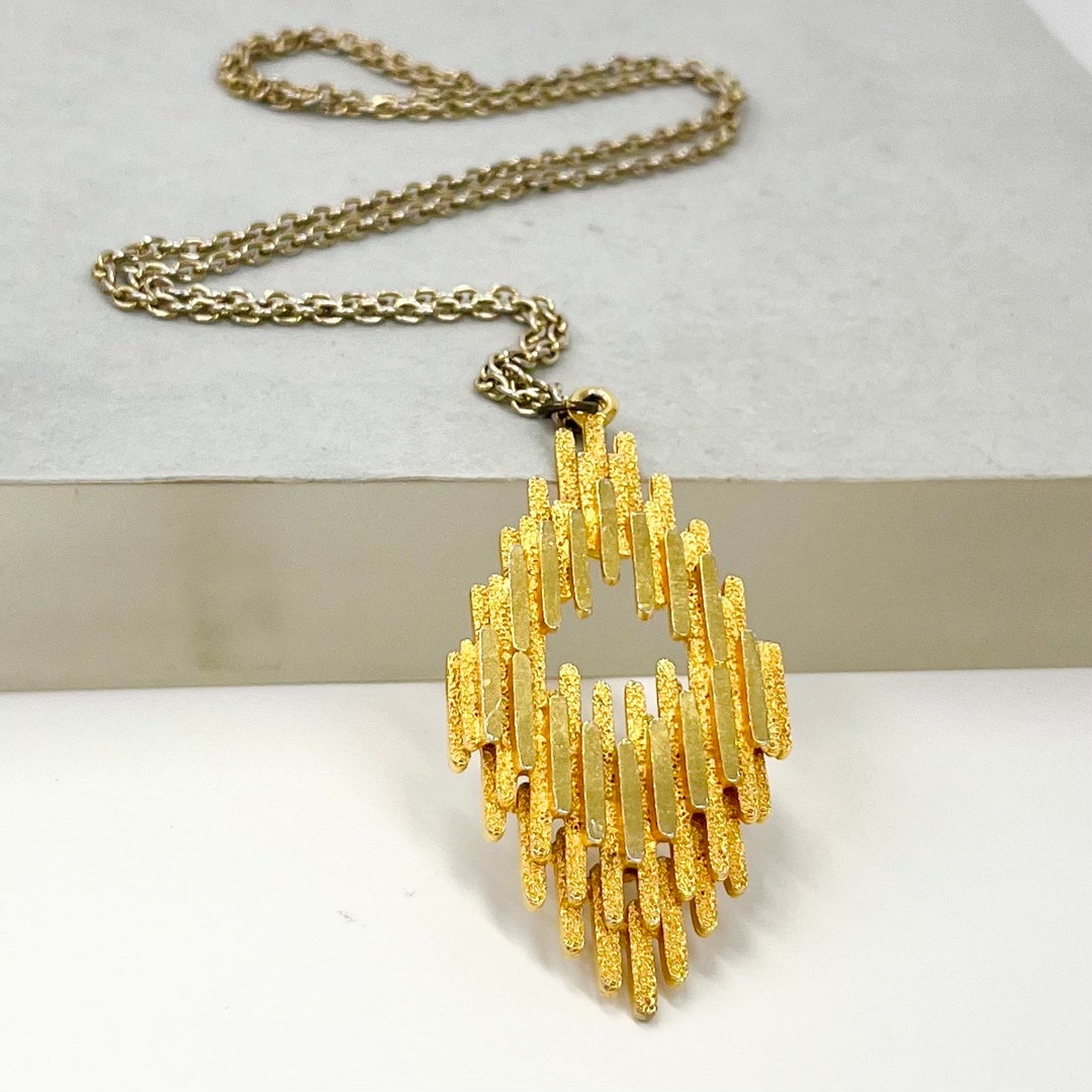 Vintage 1970s Gold Plate Brutalist Pendant Necklace in a Layered ...