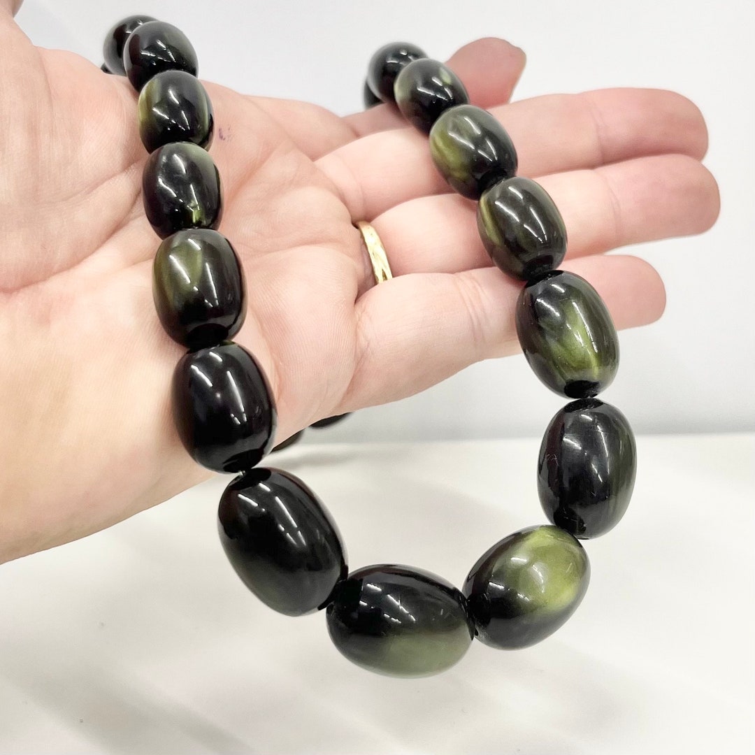 Vintage Art Deco Dark Green Bakelite Beaded Necklace Chunky Graduating ...