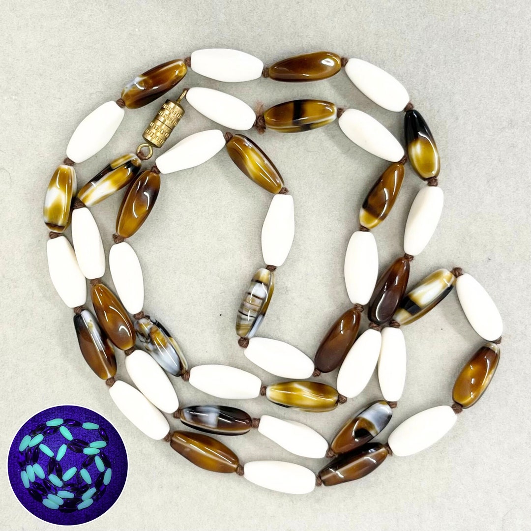 Vintage White Uranium & Brown Glass Bead Hand Knotted Necklace UV ...