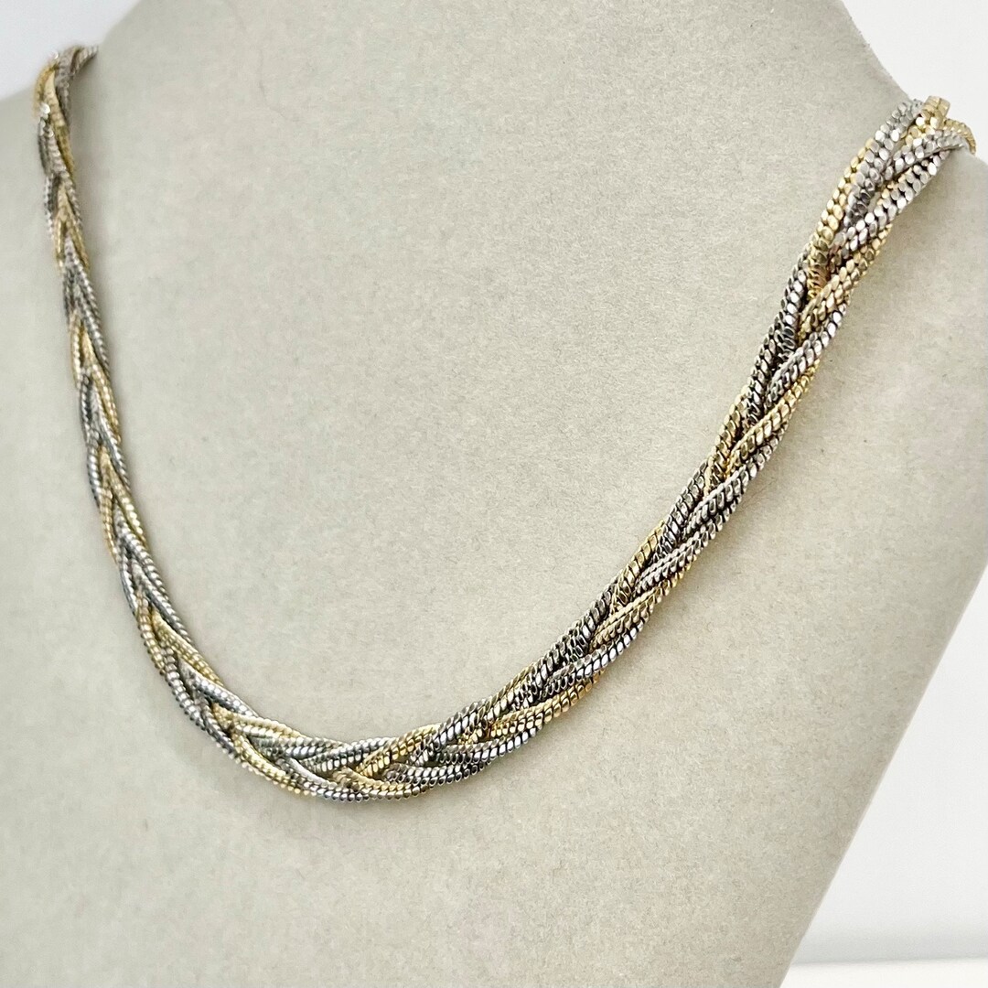 Vintage 16 Long Gold & Silver Plate Two Tone Woven Plait Flat Chain ...