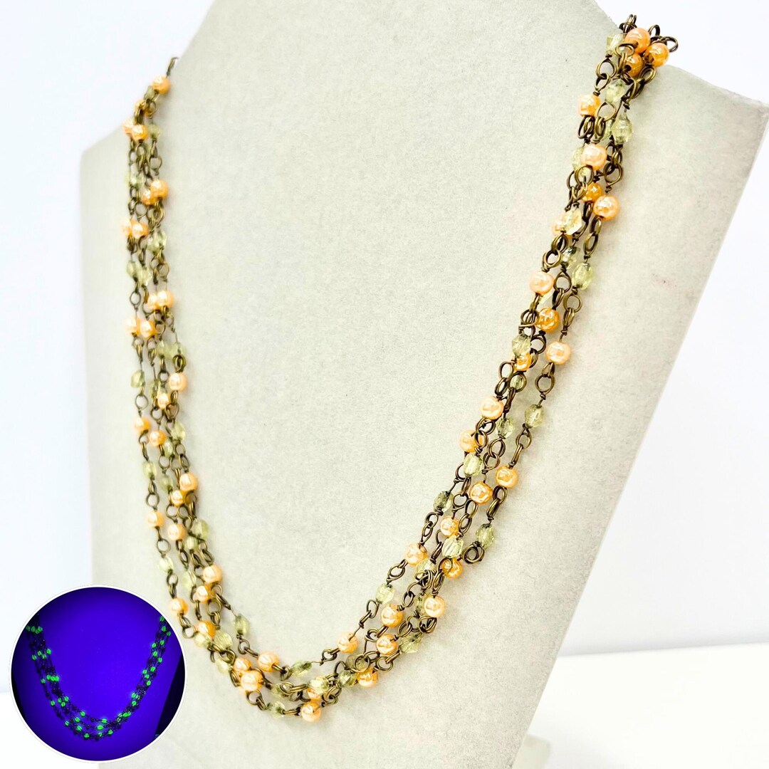 Vintage 70” Long Uranium Glass Bead & Peach Glass Necklace Dainty 20’s ...