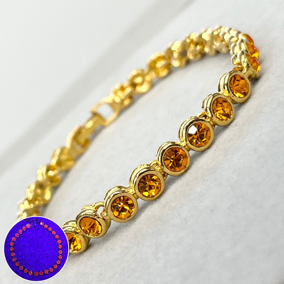 Vintage Orange Cadmium Glass Crystal Tennis Bracelet Gold Tone Metal UV ...
