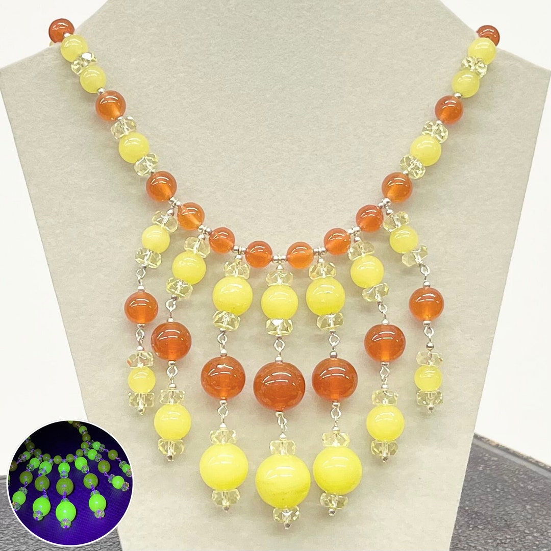 Statement Yellow & Orange Uranium Glass Multi Drop Bead Necklace Bright ...