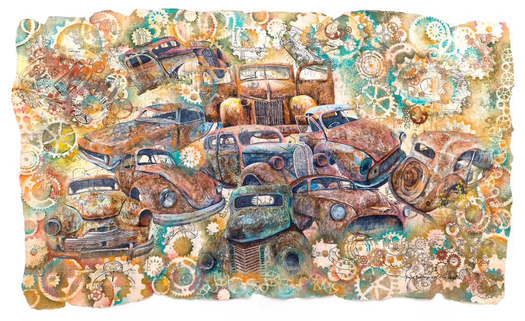 Rusty Classic Cars Art Print. Rusty Junk Yard. Mixed Media Art ...