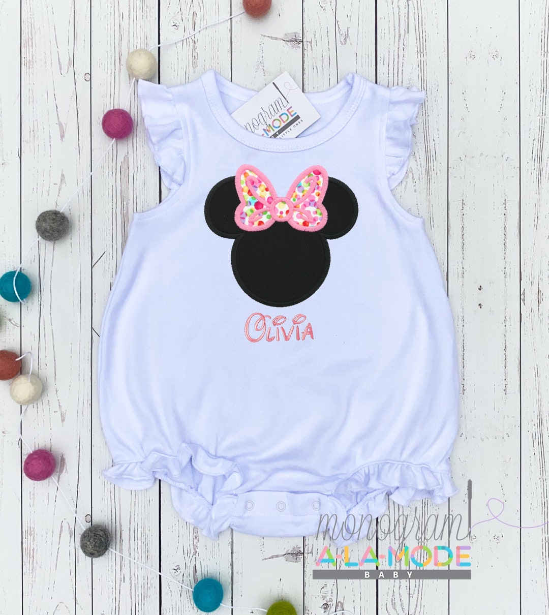 Mouse With Bow Angel Sleeve Bubble Romper | Girls Mouse Romper | Baby ...