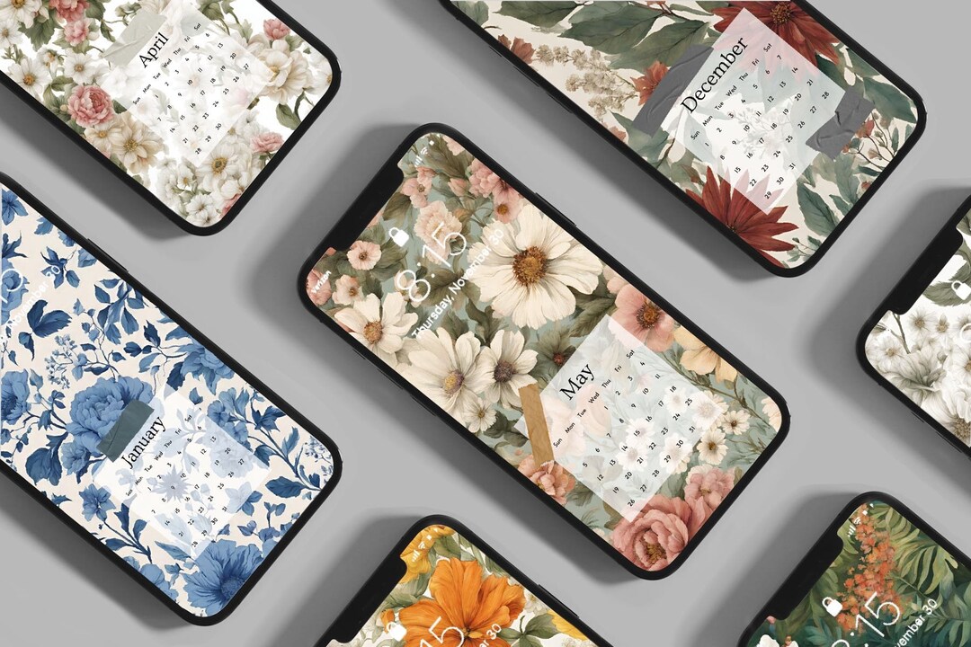 12 Floral Calendar Phone Wallpapers, 2024 Vintage Lock Screen ...