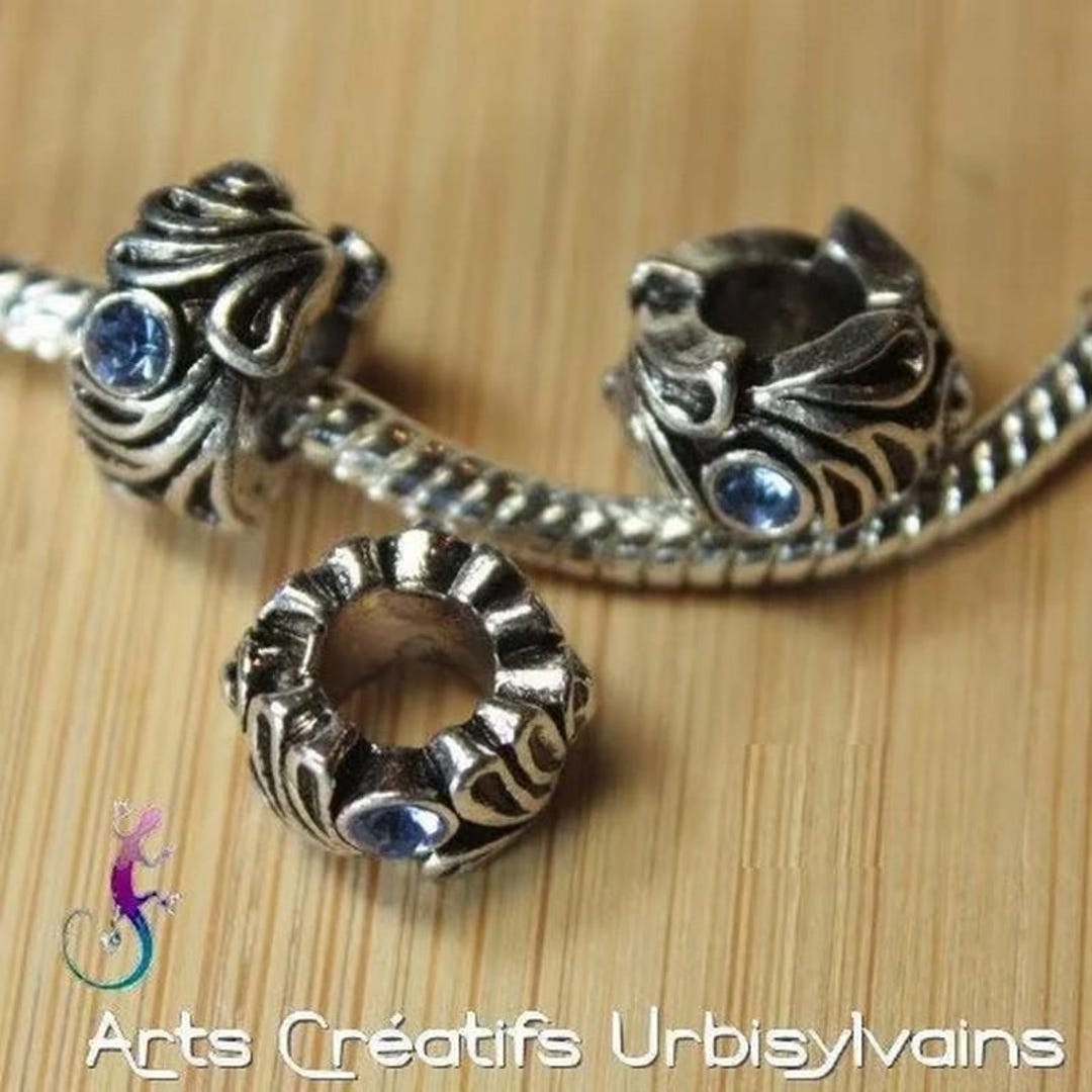 Set of 2 Ornate Beads in Silver Metal and Blue Rhinestones for European ...