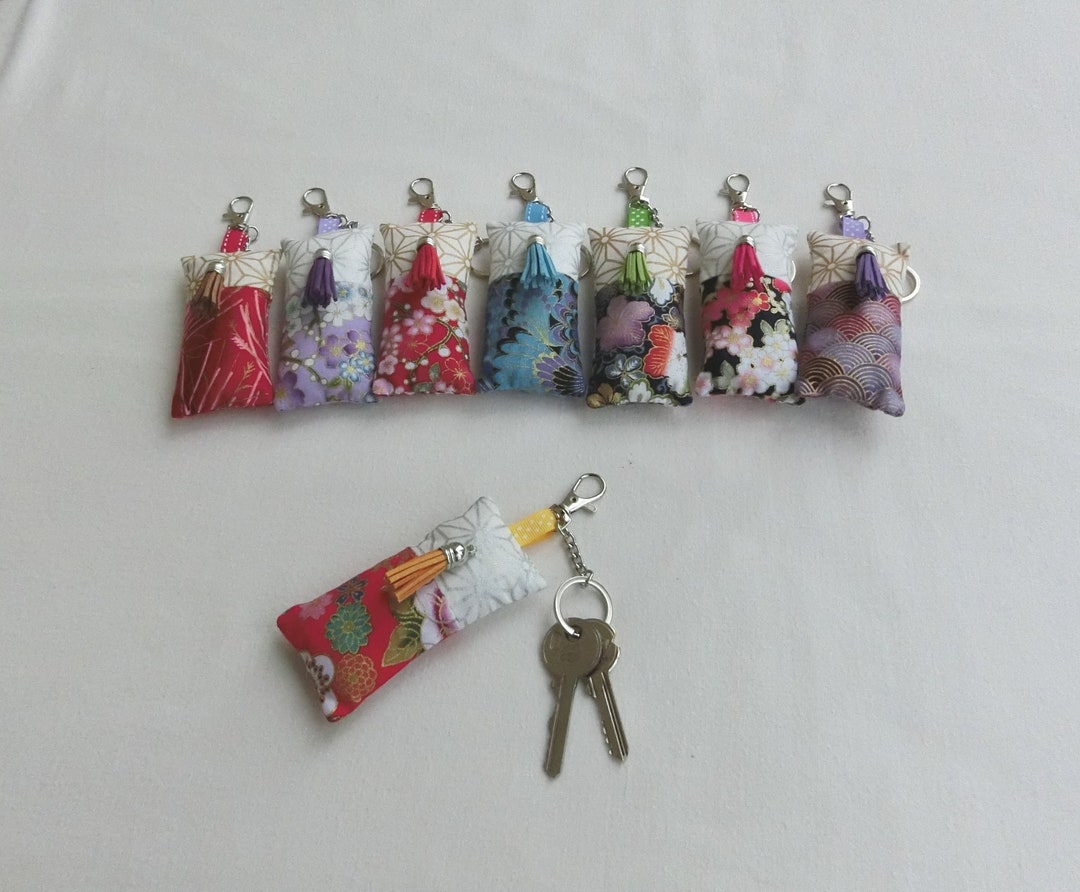 Japanese Fabric Key Ring, Small Pompom Cushion, Key Ring With Carabiner ...