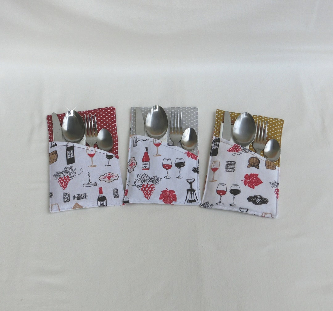 Cutlery Holder, Fabric Case on the Theme of Wine and Polka Dots, Fleece ...